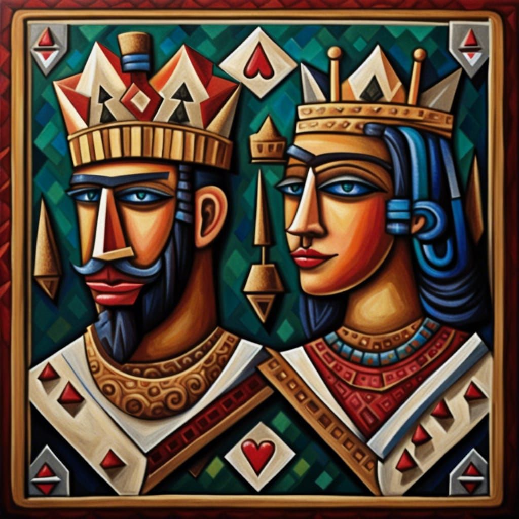 Create an imaginative oil painting featuring the king and queen face ...