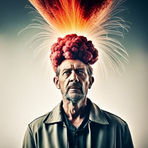 Angry man with an erupting volcano for a head, fire, explosion, red ...