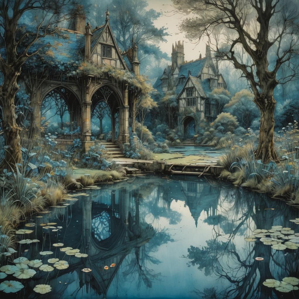 A beautiful blue pond in front of a medieval tudor estate with an ...