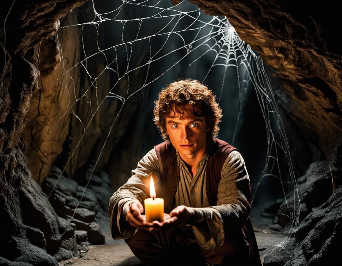 Frodo Baggins inside a dark scary cave-like room with spiderwebs ...