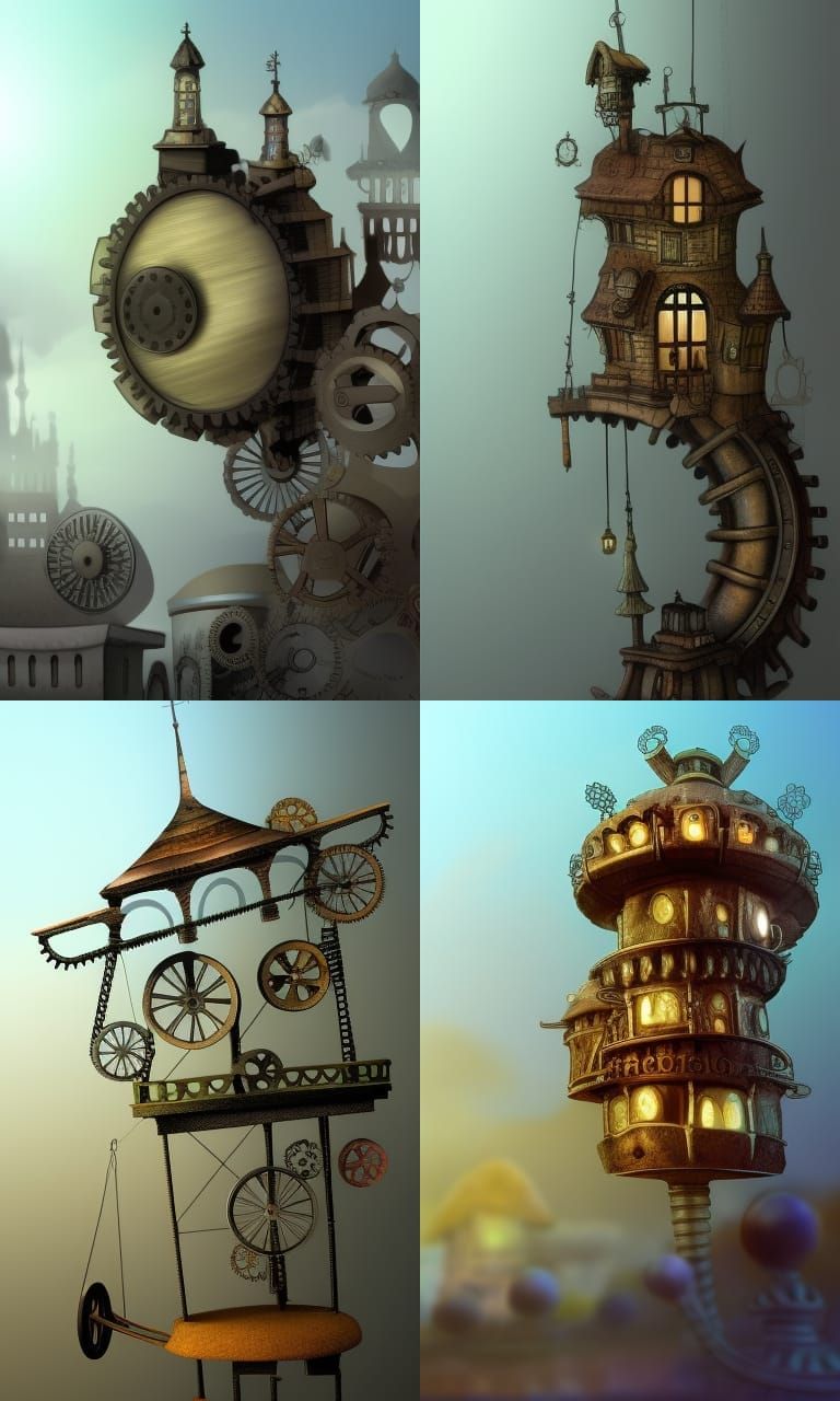 Whimsical fantasy steampunk city town village architecture of cogs ...
