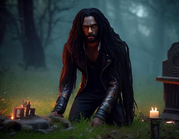 photo movie scene, long shot, african-american young male necromancer ...