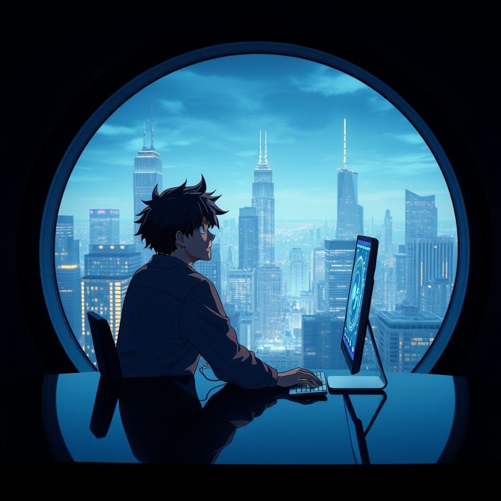 Anime Hero Contemplates Cityscape with AI Interfac... - AI Art