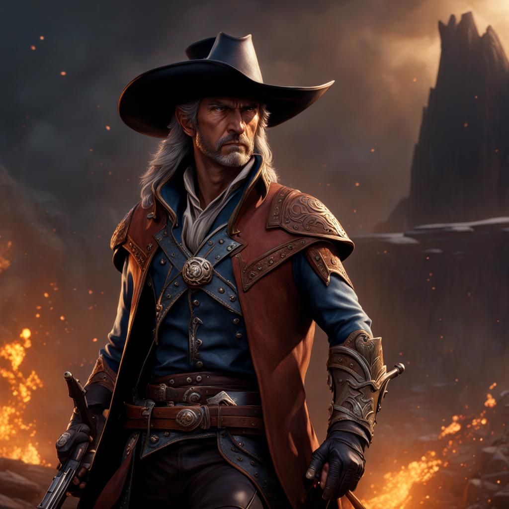 a male menacing cowboy whom weilds dual flintlocks half elf - AI ...