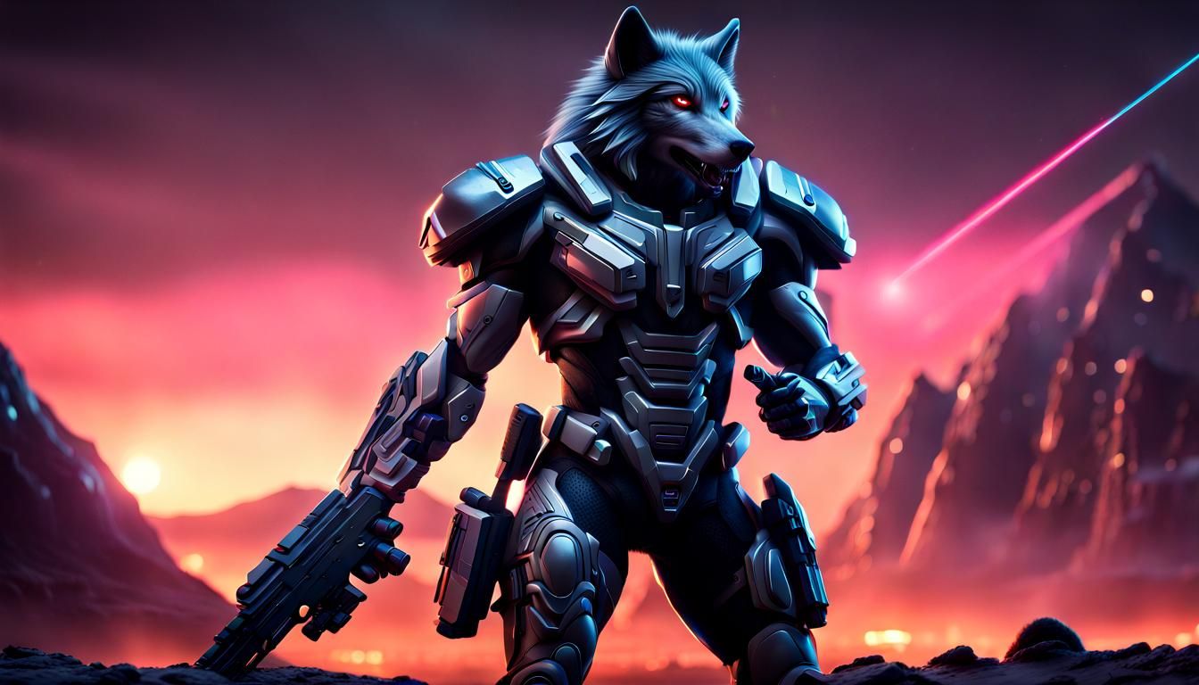 A furry anthropomorphic black male wolf in futuristic armor holding a ...