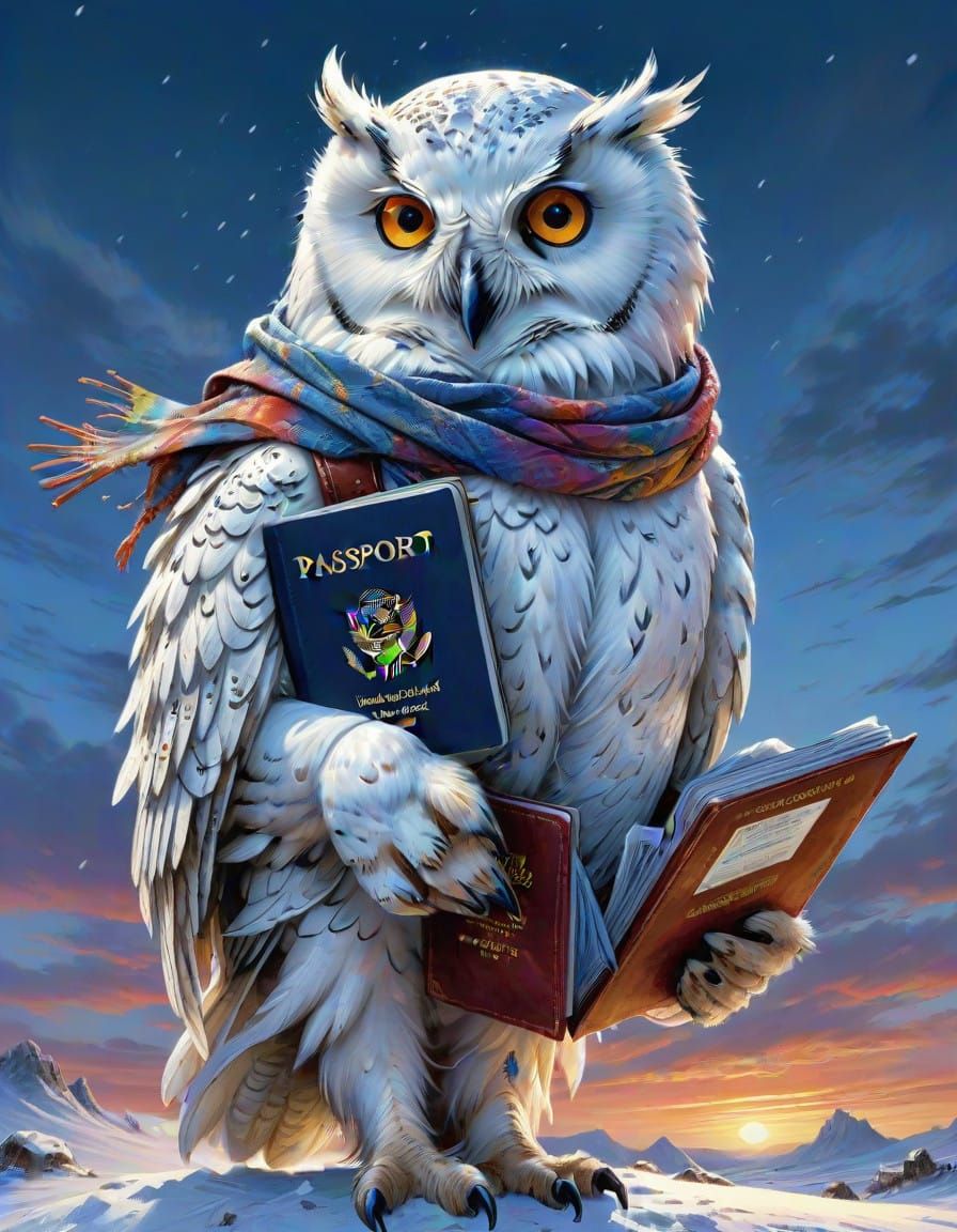 Snow owl carrying Passport, covered by colourful scurf surrounding neck ...