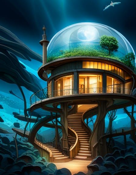 a treehouse by Jules Verne in a glass dome under the sea, dramatic lighting - AI Generated ...