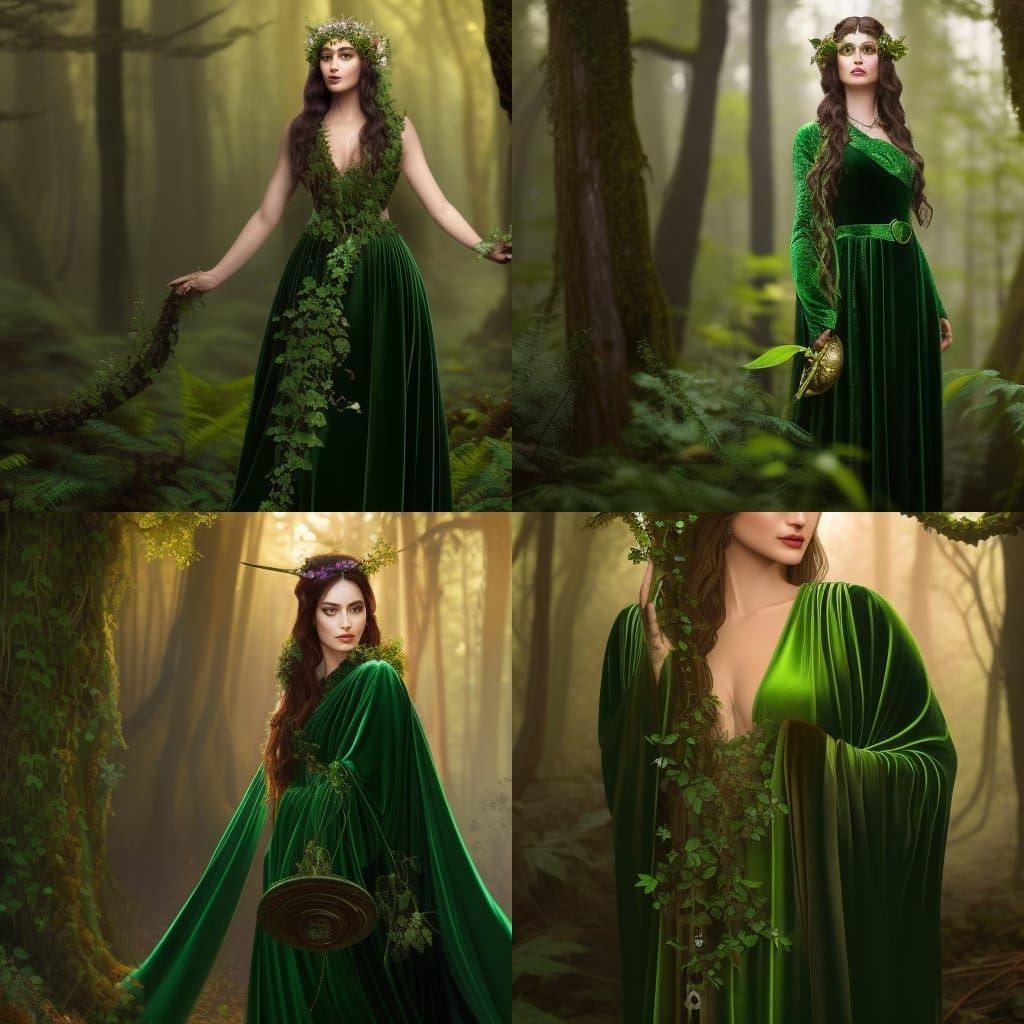 Beautiful Celtic priestess dressed in green velvet dress, in a mystical ...