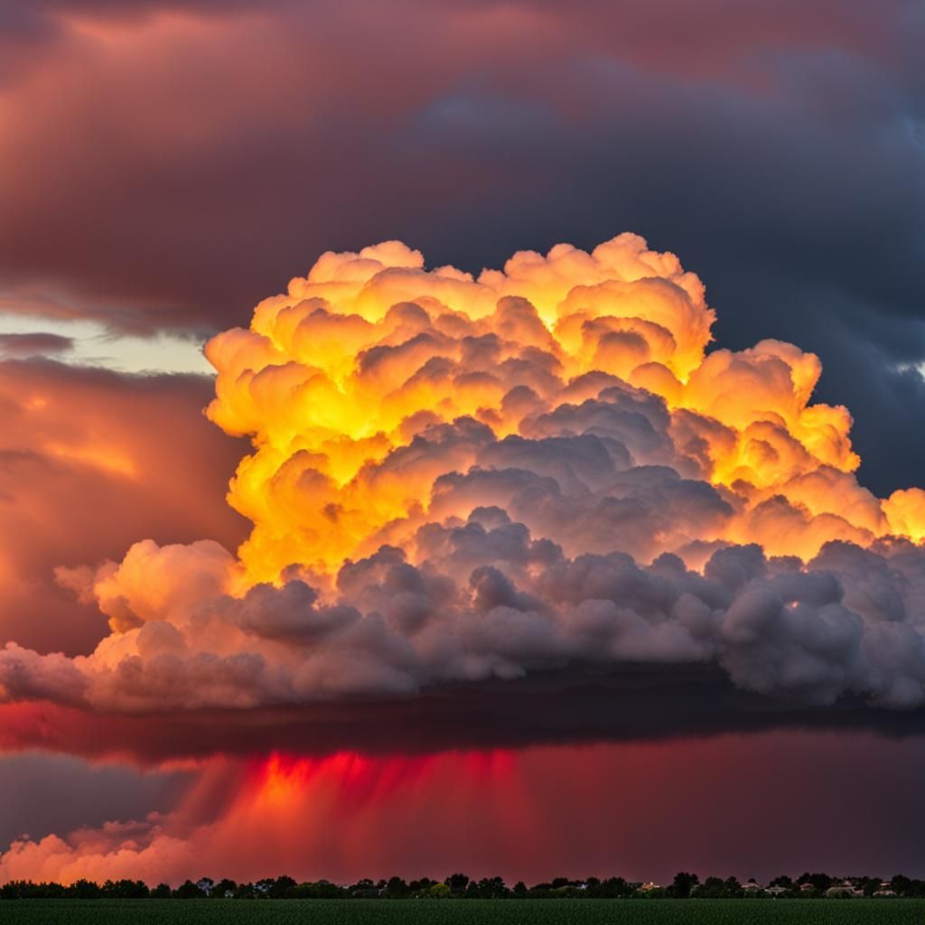 closeup of fluffy storm clouds in front of a yellow and red sunset - AI Generated Artwork ...