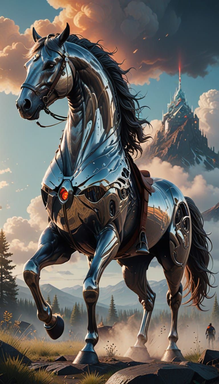 A chrome horse - Majestic Chrome Horse in Mystical Realm