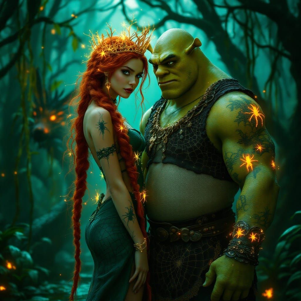 Goth Princess Fiona and Shrek in a Dark, Immersive... - AI Art