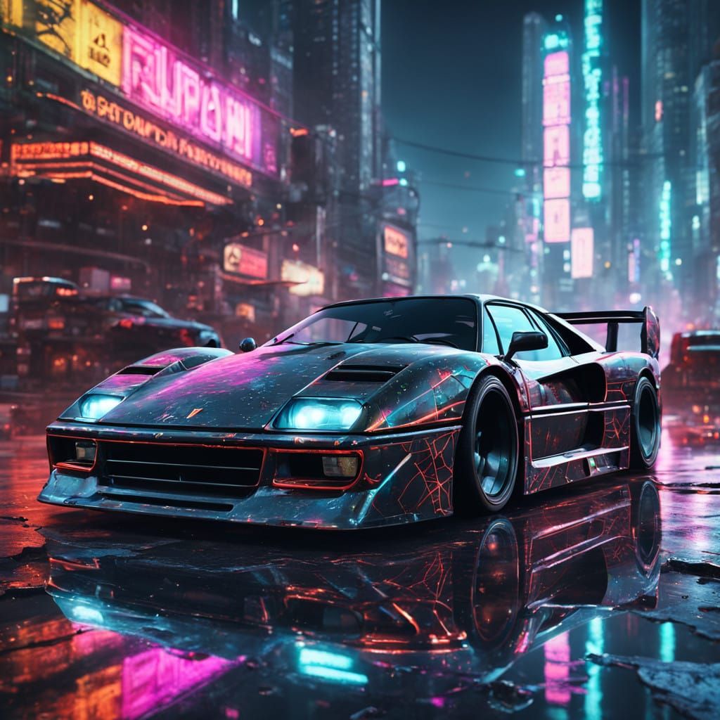 Glowing Neon Ferrari F40 in Cyberpunk Cityscape - AI Art