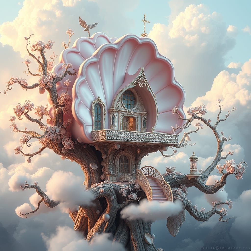 Pink Clamshell House in the Clouds - Dreamy Pearl-Encrusted ...