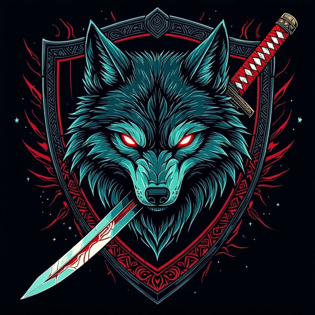 Two-Headed Wolf Logo with Samurai Sword in Dark Fa... - AI Art