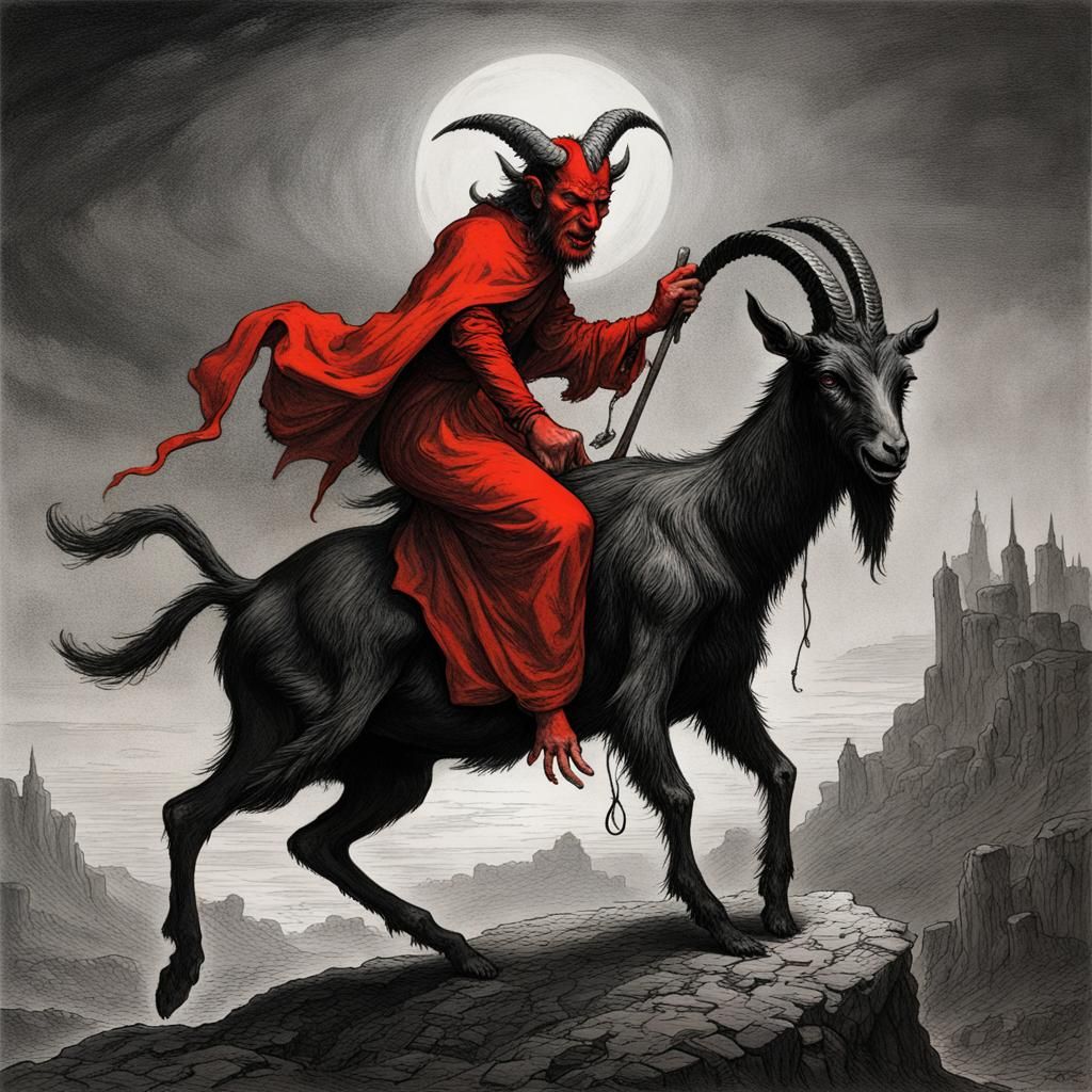 Devil riding a goat,medieval,red msytic mist,necronomicon,black metal ...