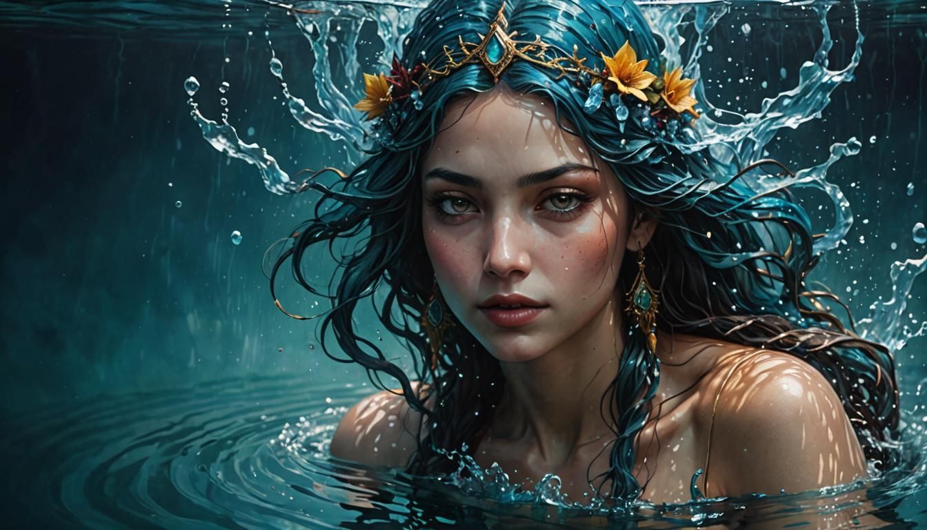 A woman made of a water that keeps a nice man above, detailed, mixed ...