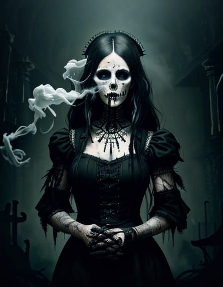 A female goth fashion model, clad in tattered, Victorian-inspired ...