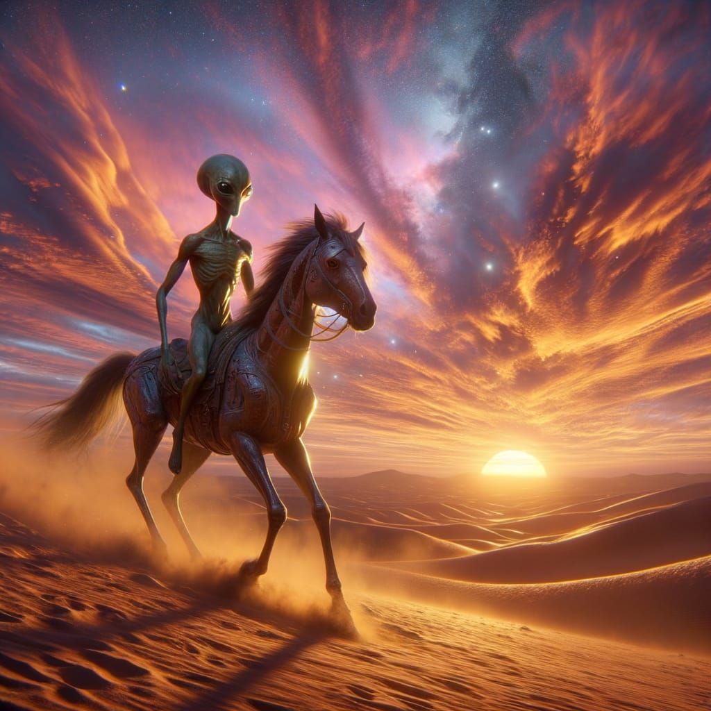 Alien riding a horse in the desert