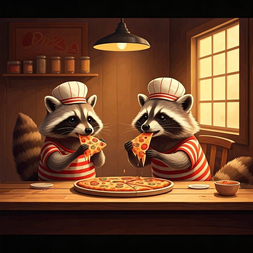 Raccoons Enjoying Pizza: Whimsical Illustration - AI Art