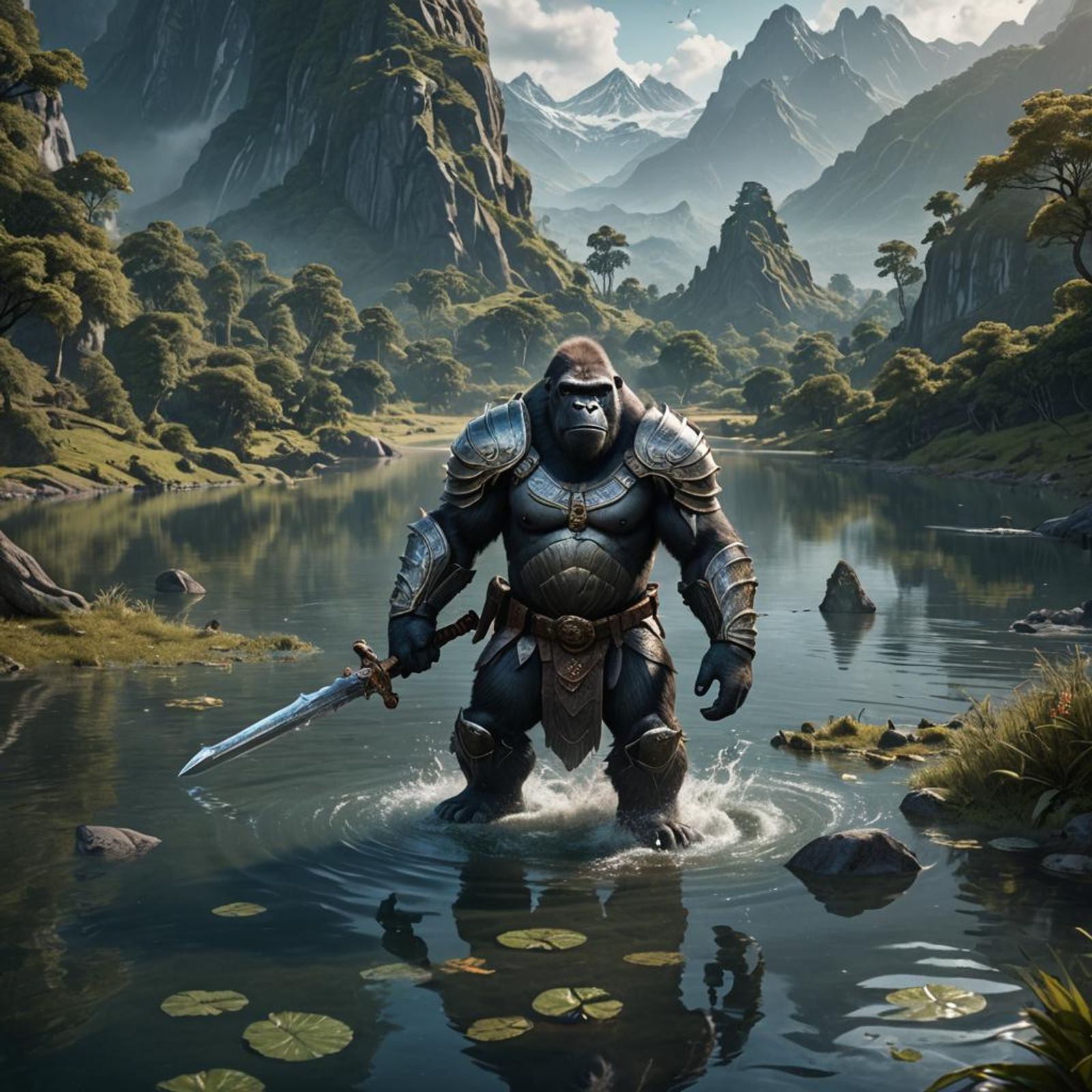 silverback gorilla with full armor and a sword in a lake in the middle ...