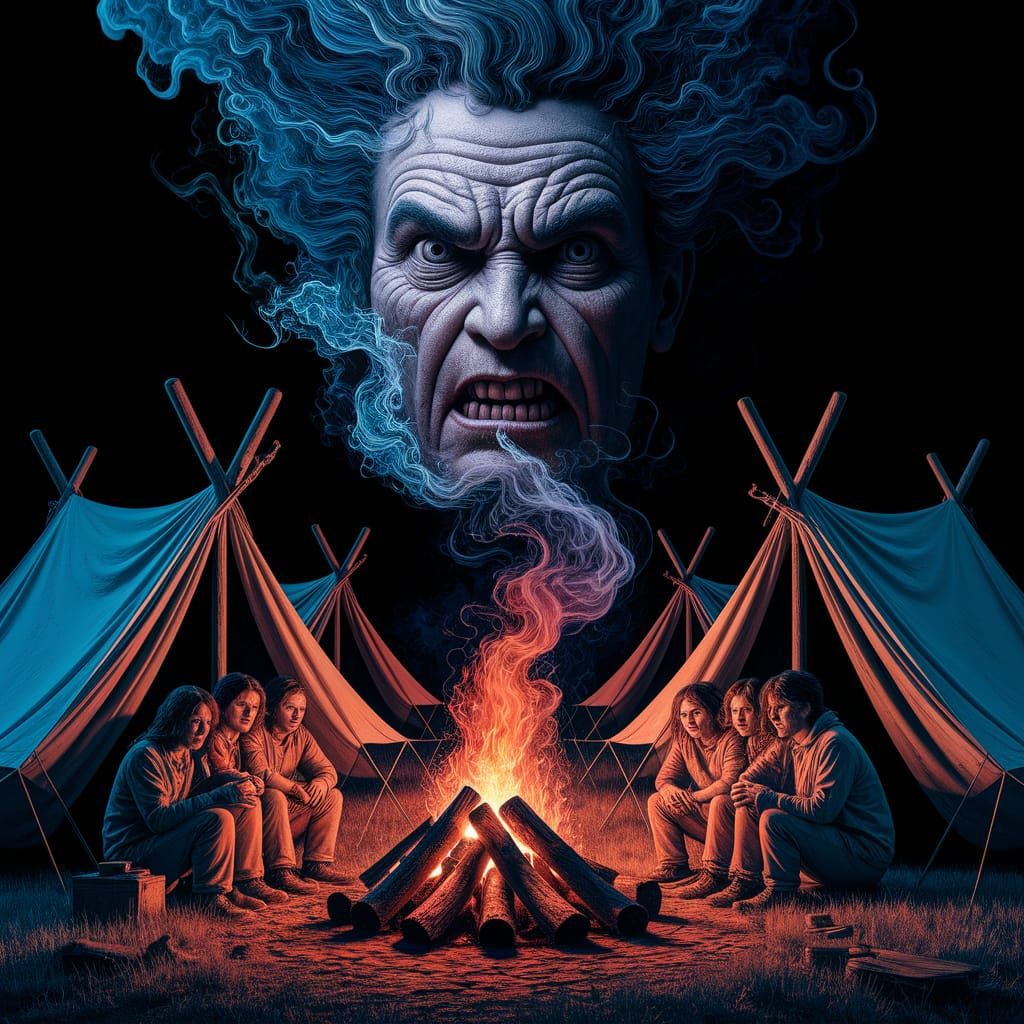 Campers Flee from an Angry Campfire - AI Art