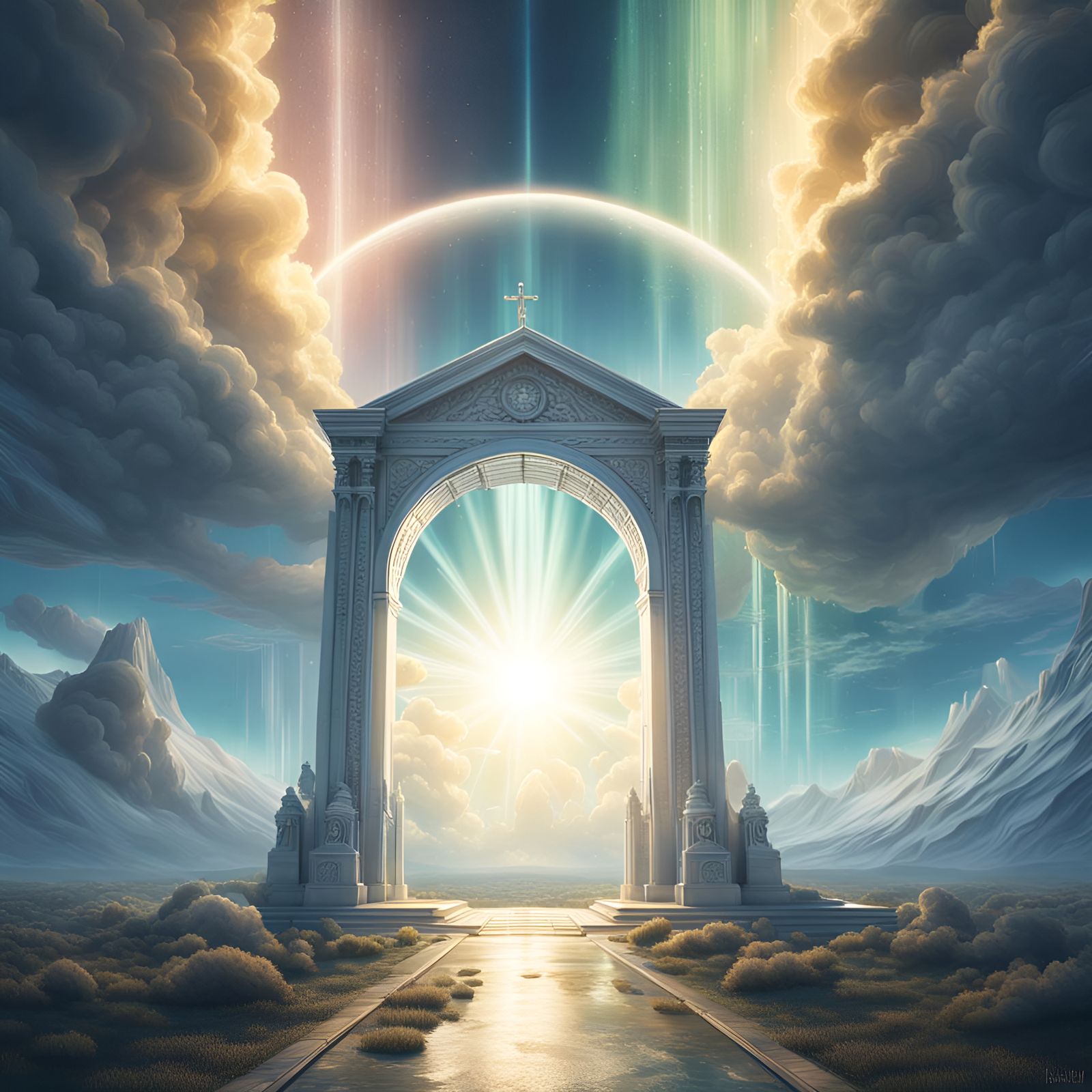 gateway to heaven, small, Anemoiacore, Detailed Painting, long shot ...
