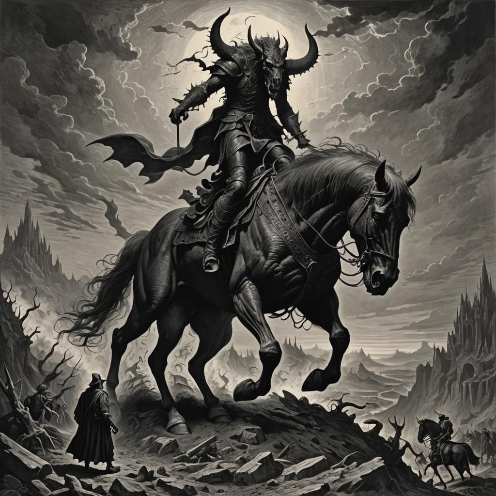 Satan riding his giant 5 legged monster in the Devils Homeland. - AI ...