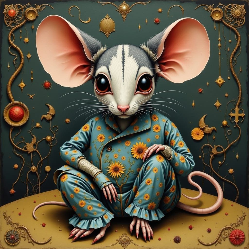 Surreal Whimsical Rat in Floral Pajamas with Baroq... - AI Art