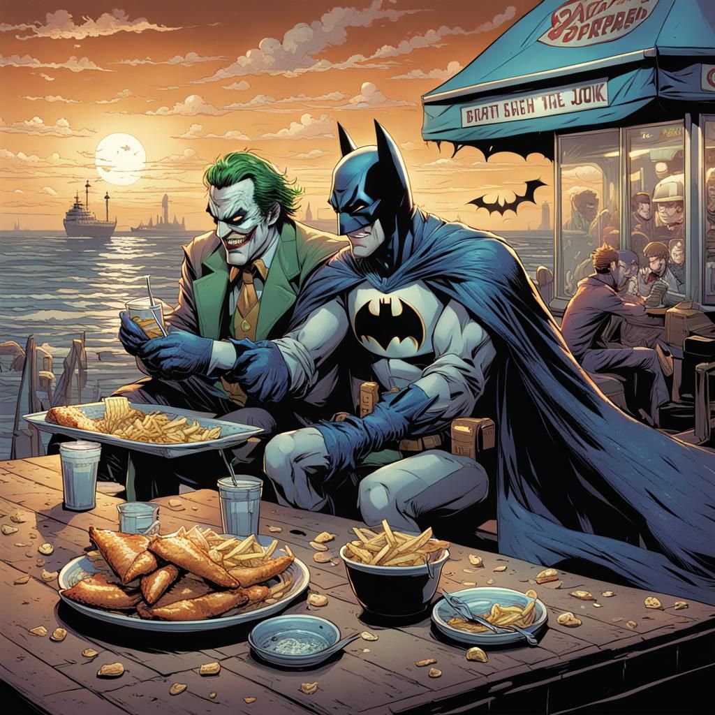 Batman and the Joker eating fish and chips by the seaside - AI ...
