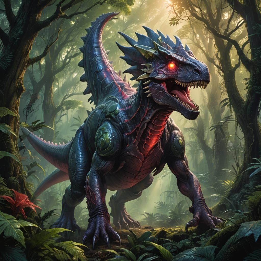 Biomechanical Digimon Dinosaur in Prehistoric Fore... - AI Art