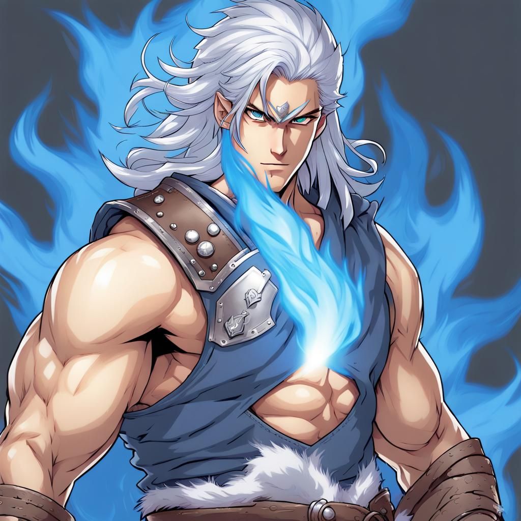 Dungeons and dragons, Fire Genasi, Barbarian, blue skin, silver fire ...