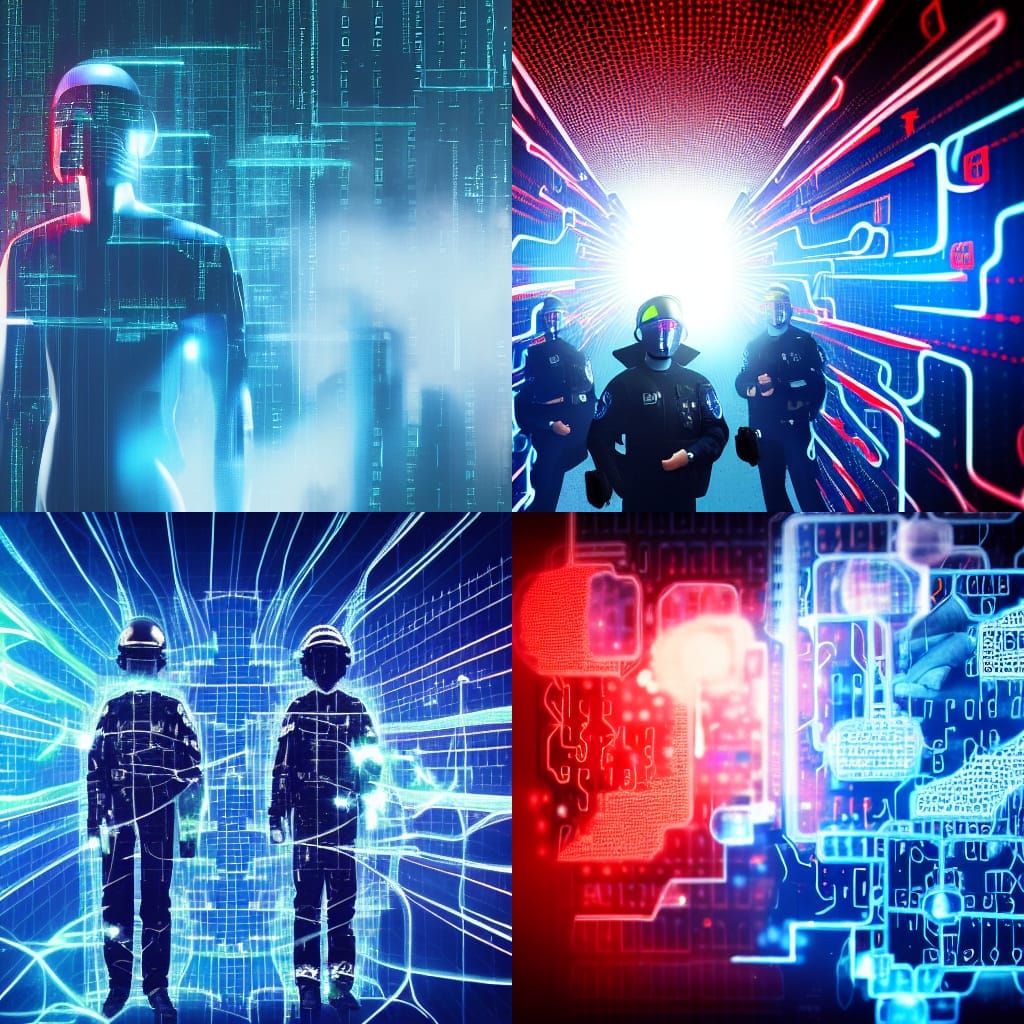 Cybernetic Police Officers containing a firey riot, red and blue ...