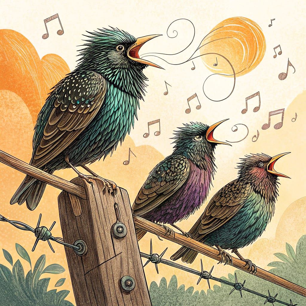 Vibrant Birds in Whimsical Dance on Weathered Tele... - AI Art