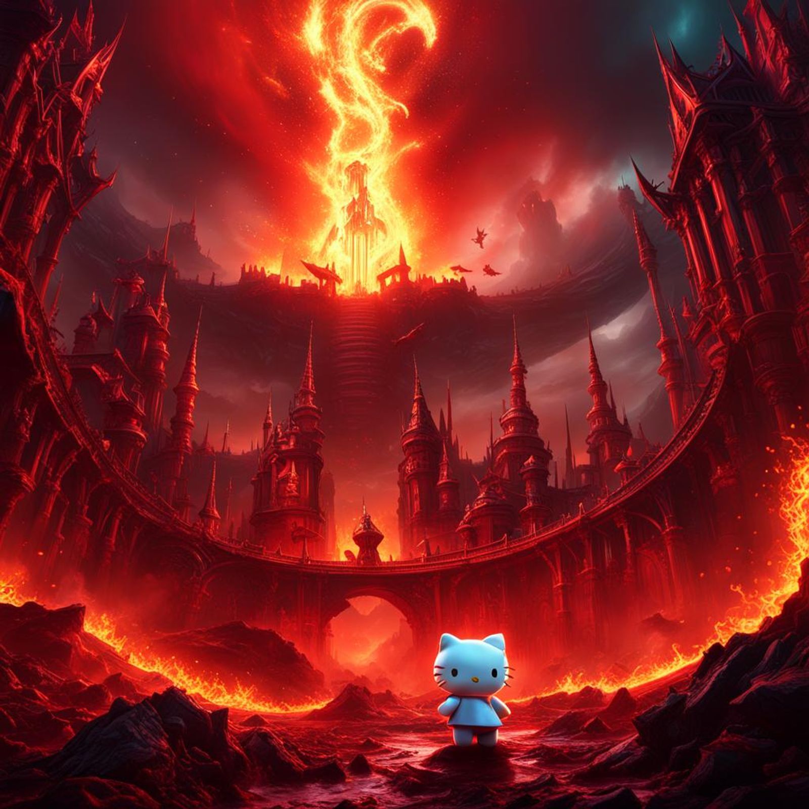 hello kitty doing a backflip in front of a demonic hellscape similar to ...