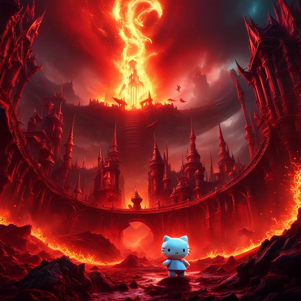 hello kitty doing a backflip in front of a demonic hellscape similar to ...