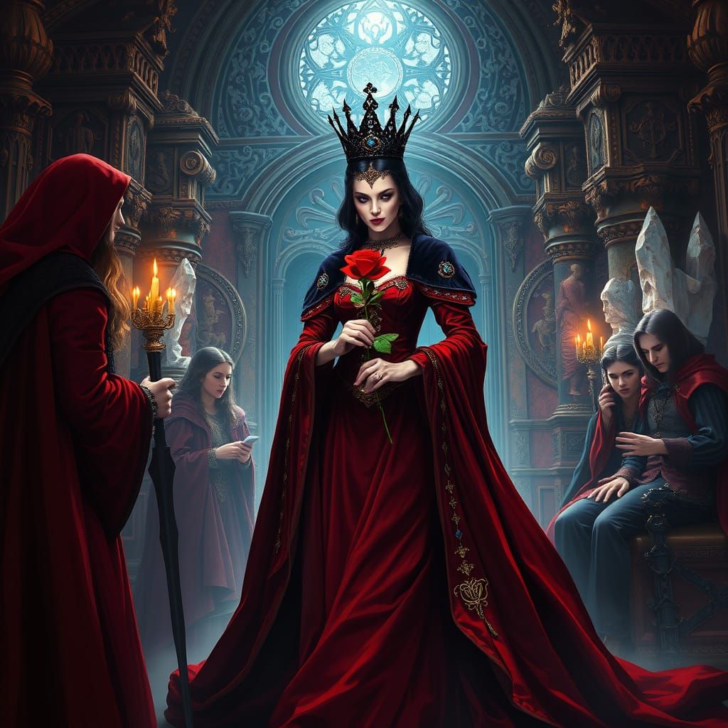 A regal vampire queen, attended by her loyal subjects, receives a ...