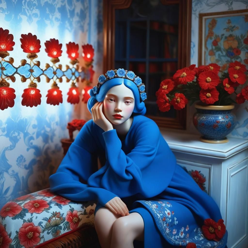 Beautiful blue princess sitting in room. Red flowers. majolica ...