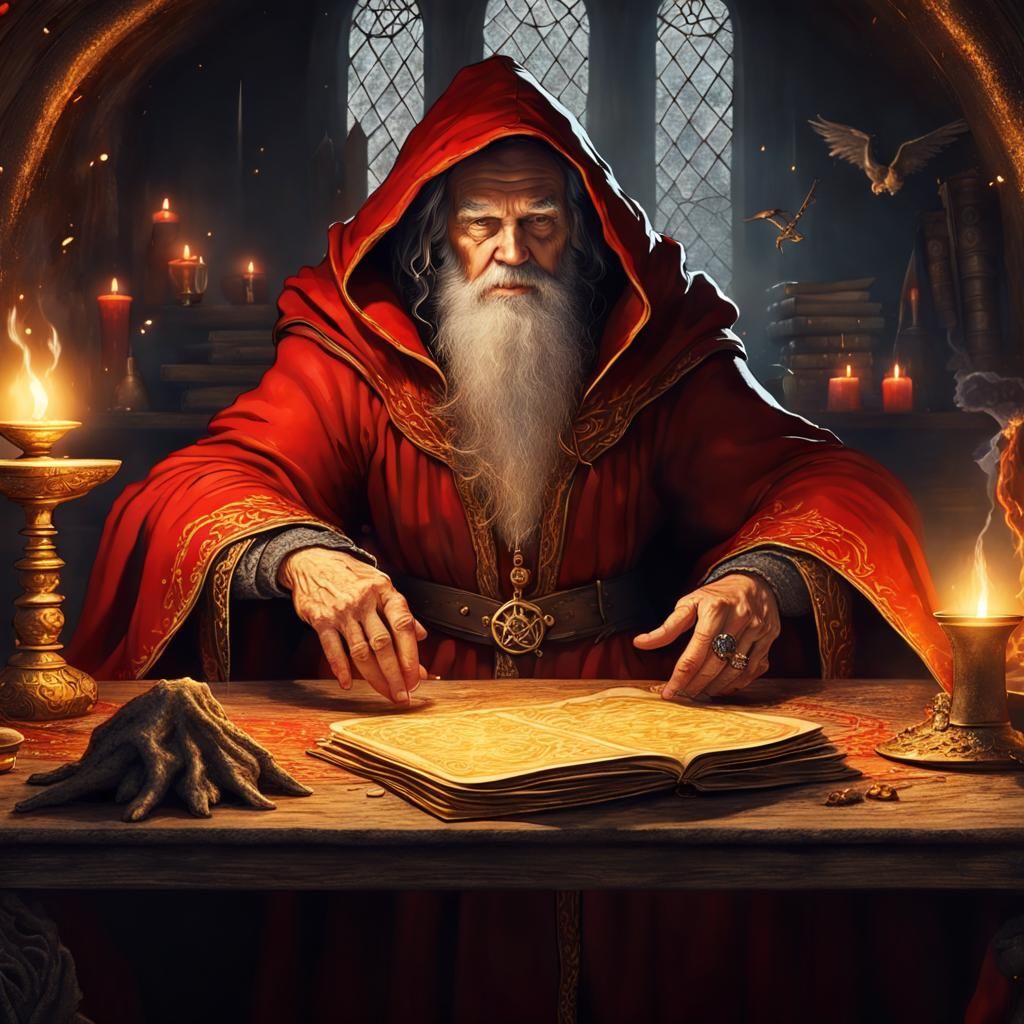 An intricately detailed illustration of an old Sorcerer sitting at his ...