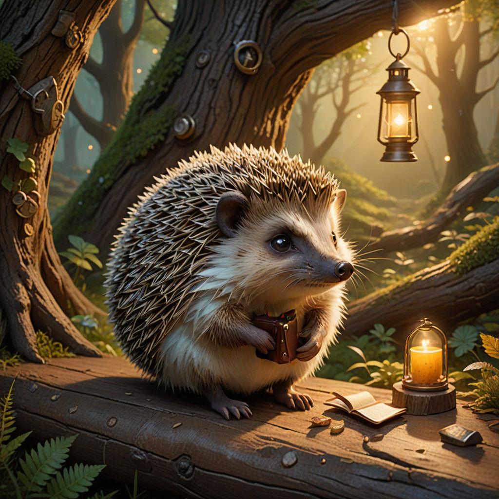 ( Inside a cozy hollow within a large, ancient tree, a tiny hedgehog ...