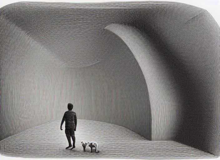 A black and white render of a man wandering a liminal maze with his dog ...