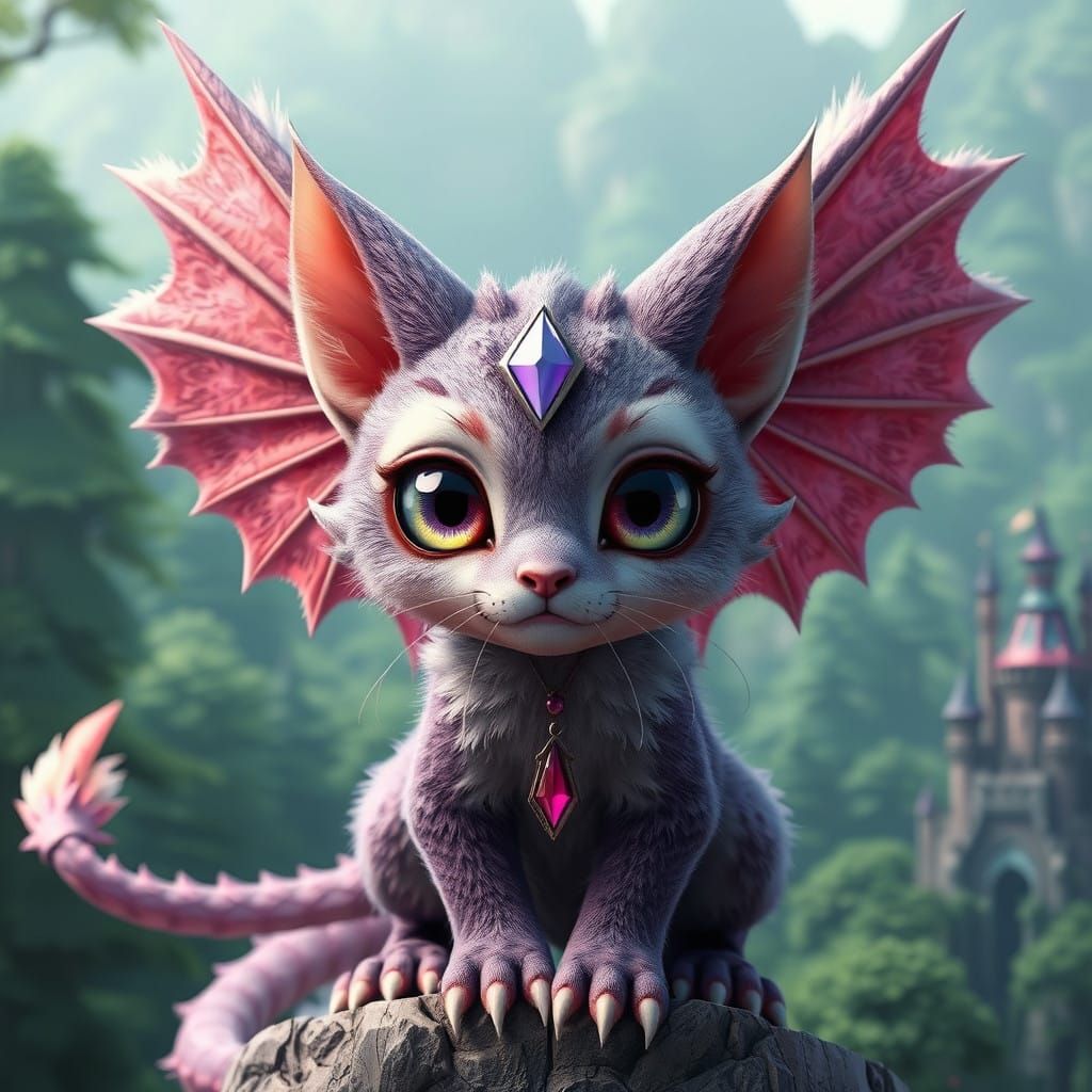 Surreal Fantasy Cat Dragon in a Majestic Green For... - AI Art