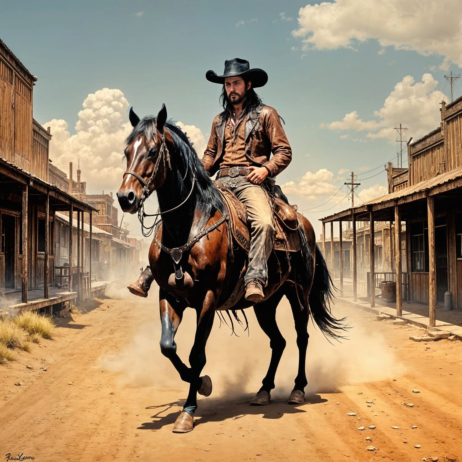 Gritty Cowboy Rides into Town - AI Art