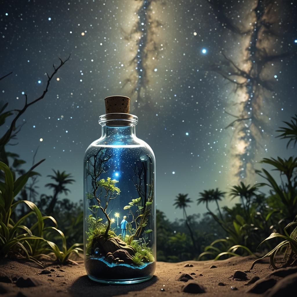 Tiny person in a rainforest in a bottle leaving the forest for the ...