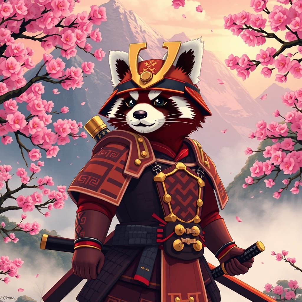 Samurai red panda - Samurai Red Panda in Traditional Japanes...