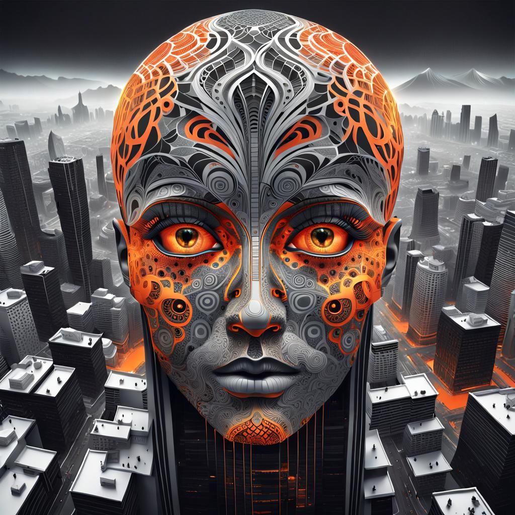 A surreal, intricate digital artwork depicts a large, detailed face ...