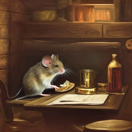 Mouse Chomps Cheese Amidst Whimsical Tavern Scene - AI Art