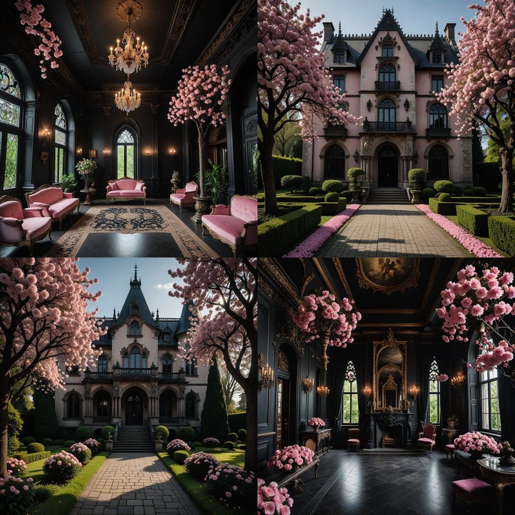 Ethereal Gothic Mansion in Vibrant Bloom - AI Art