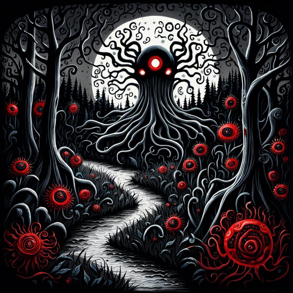 Lovecraftian Eldritch mysterious creature tim Burton style dark forest ...