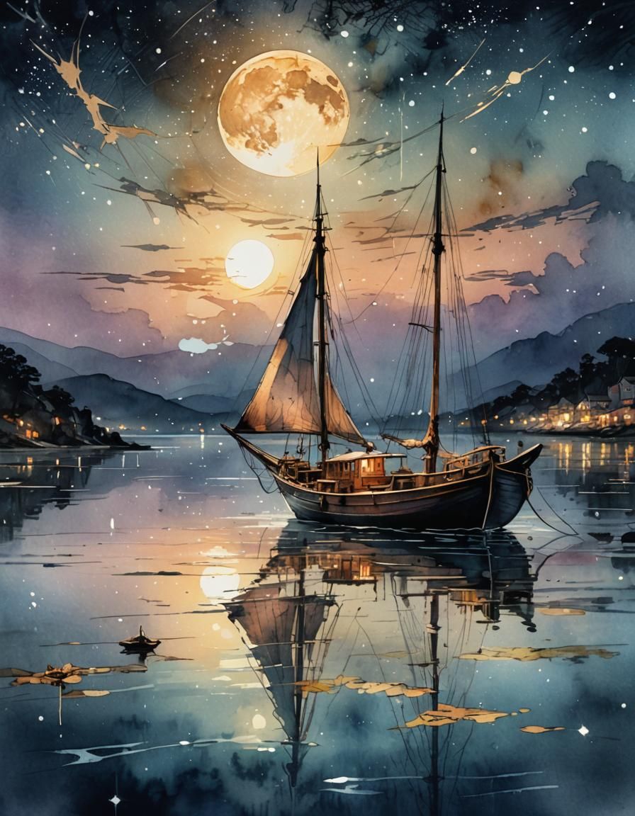 Beautiful boat on sparkling moonlit waters. Nighttime Digital ...