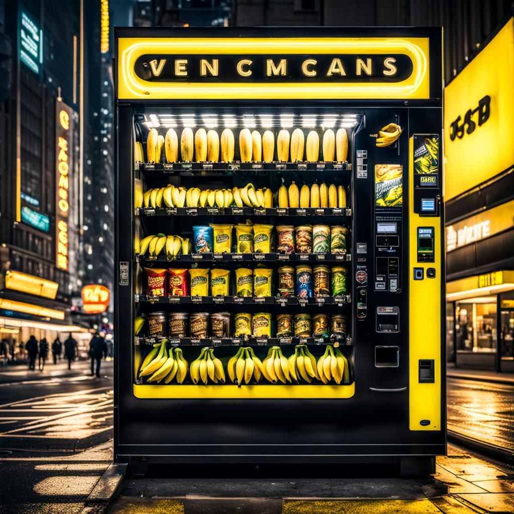 Black vending machine with bananas inside in the middle of a city with ...
